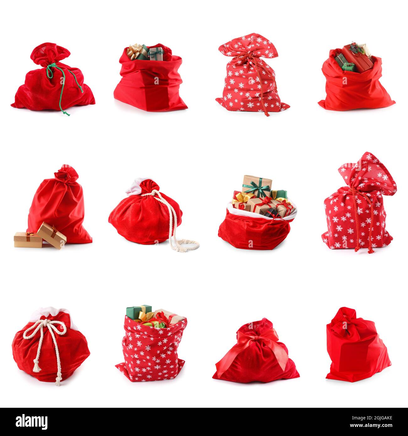Set of Santa Claus bags full of gifts on white background Stock Photo ...