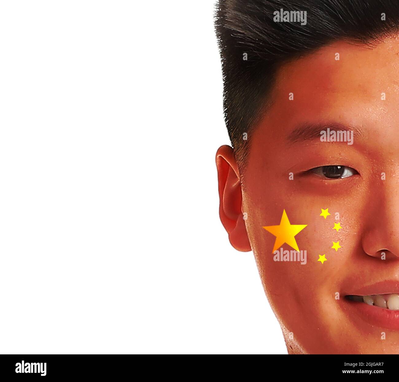 Young man with face in colors of Chinese flag on white background ...