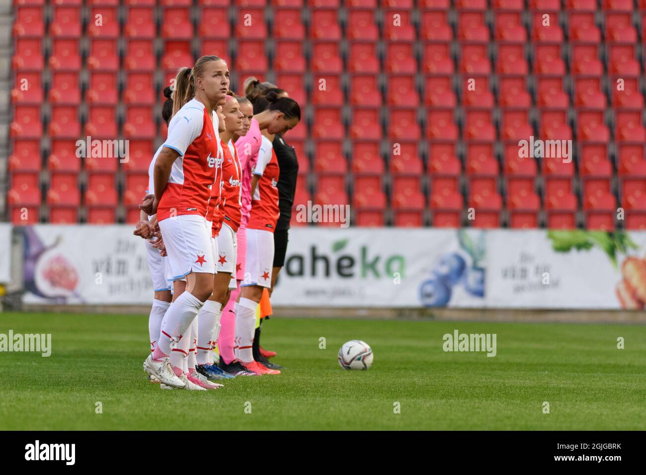 Prague, Czech Republic. 09th Sep, 2021. Slavia players lined up before ...