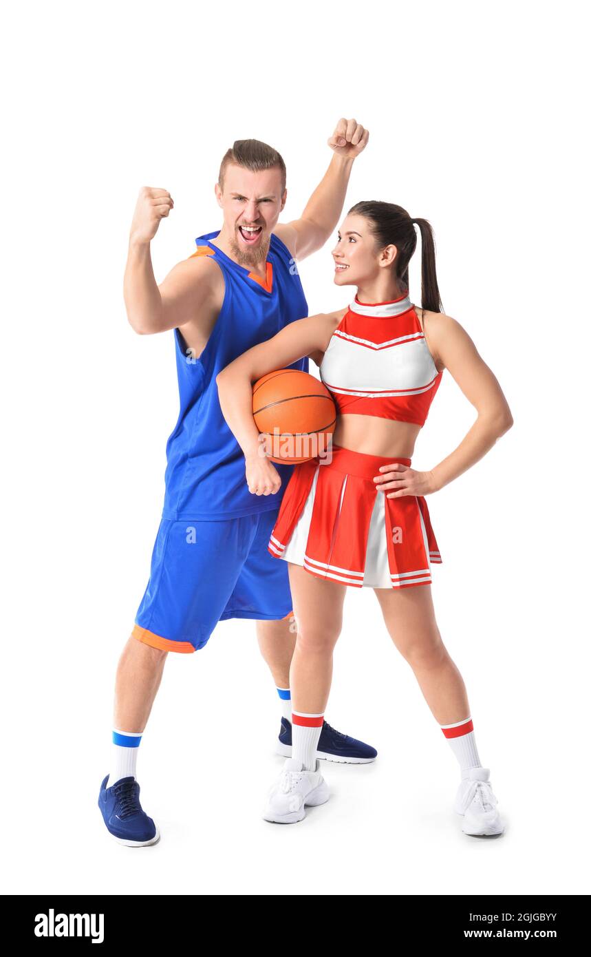 Cheerleader and basketball player on white background Stock Photo - Alamy