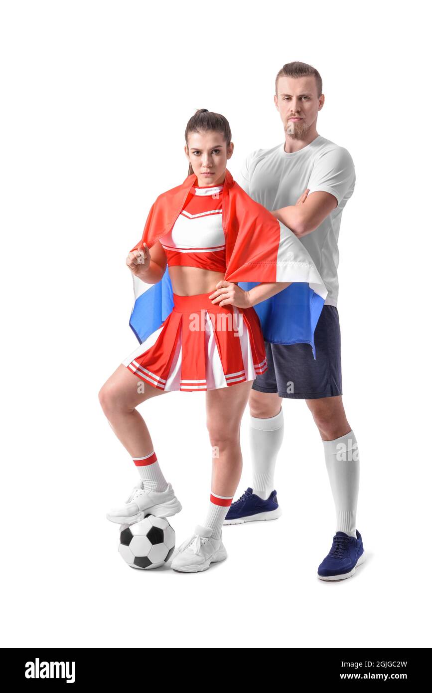Cheerleader and football player with flag on white background Stock ...