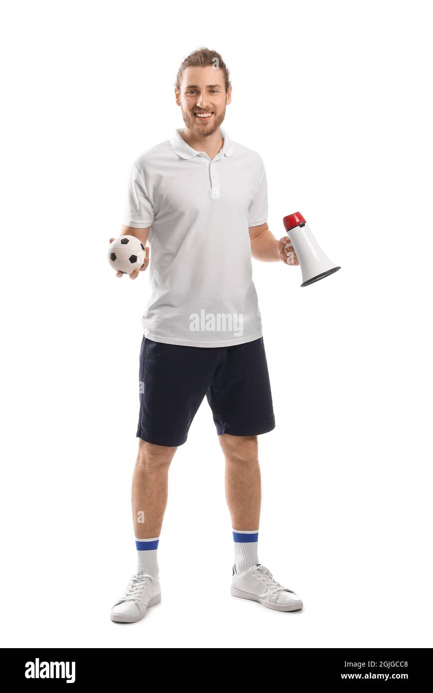 Sport fan with ball and megaphone on white background Stock Photo - Alamy