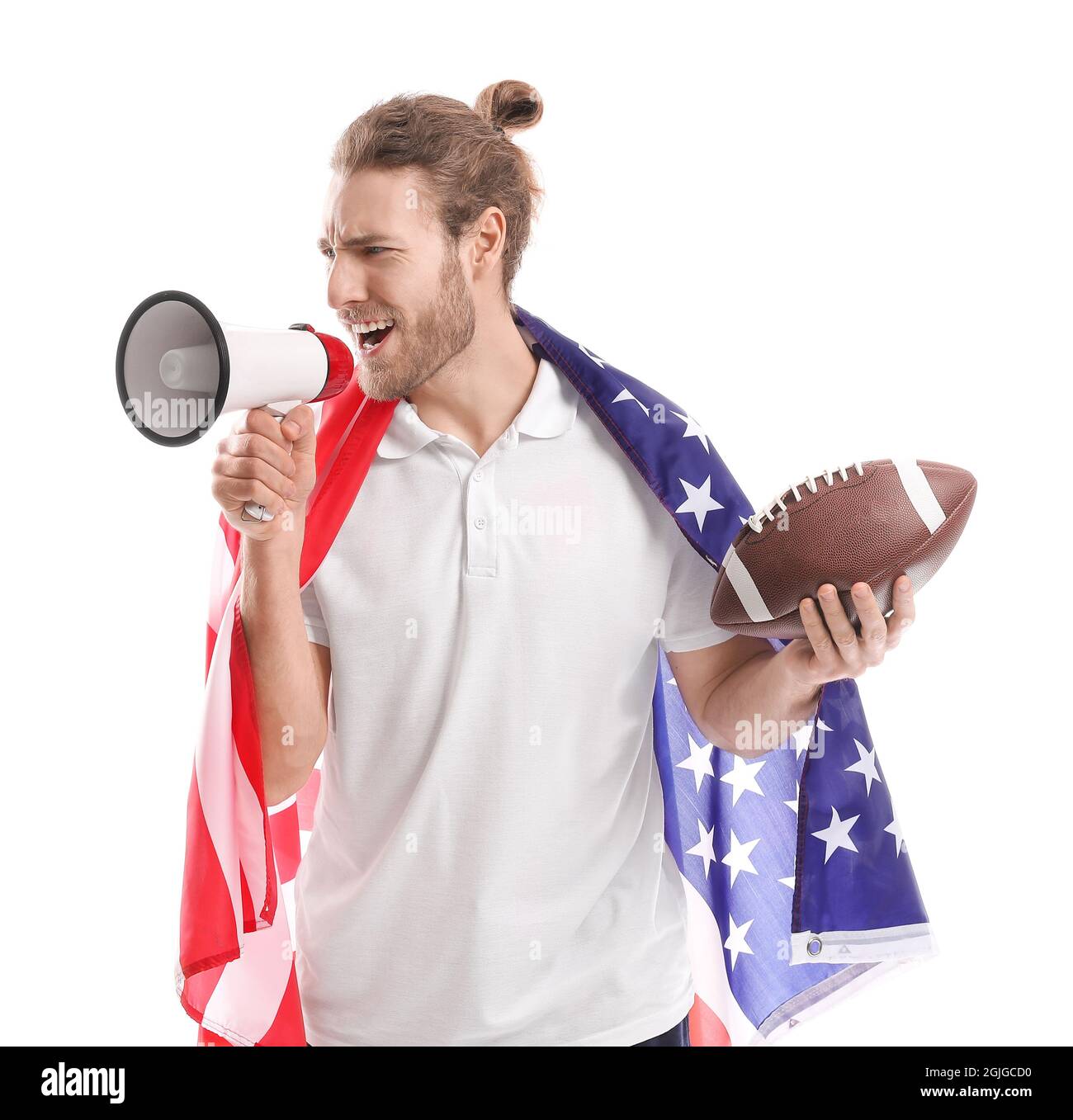 Sport fan with USA flag, ball and megaphone on white background Stock ...