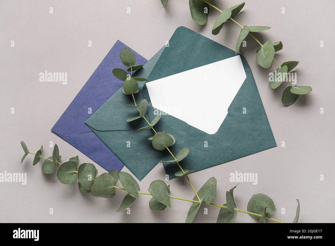 Envelopes with blank card and eucalyptus on grey background Stock Photo ...
