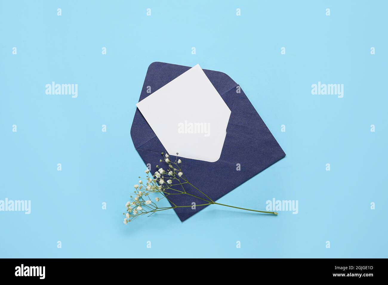 Envelope with blank card and flower on color background Stock Photo - Alamy
