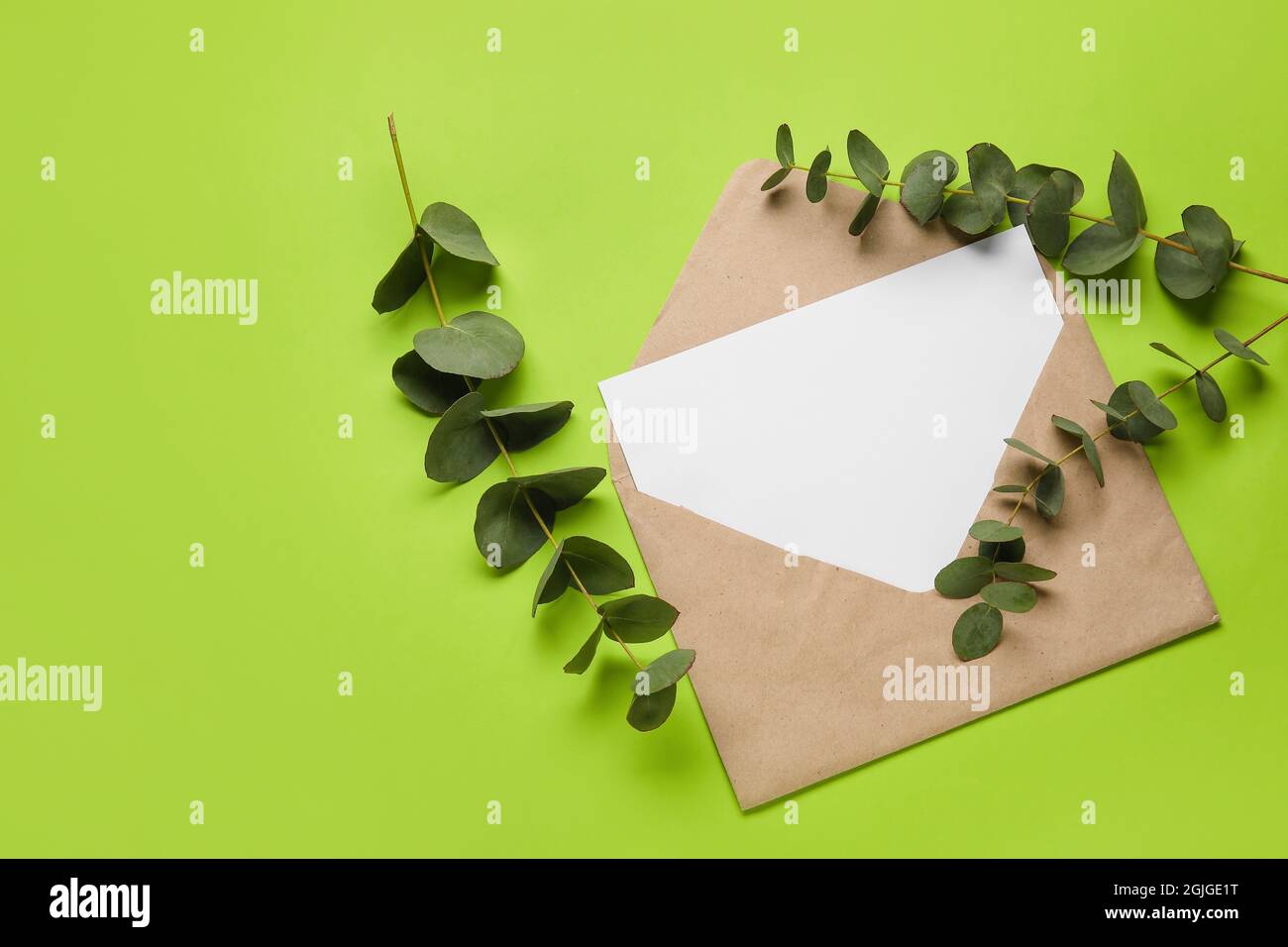 Envelope with blank card and eucalyptus on color background Stock Photo ...
