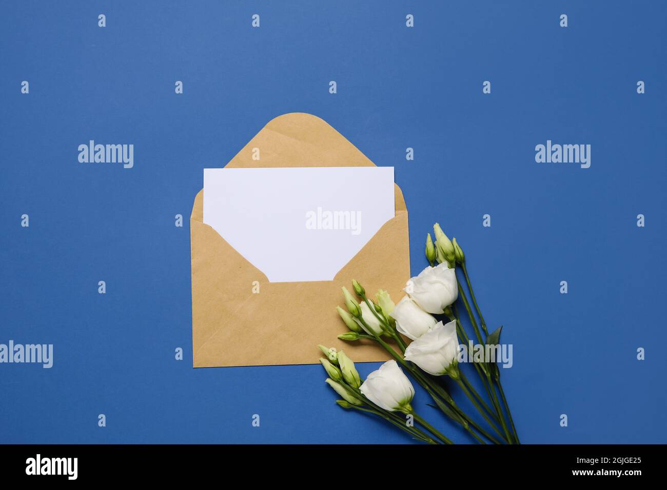 Envelope with blank card and flowers on color background Stock Photo ...