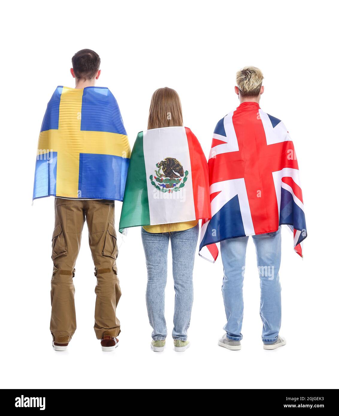 Young people with different flags on white background, back view Stock ...