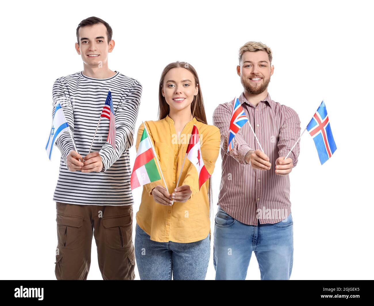 Young people with different flags on white background Stock Photo - Alamy