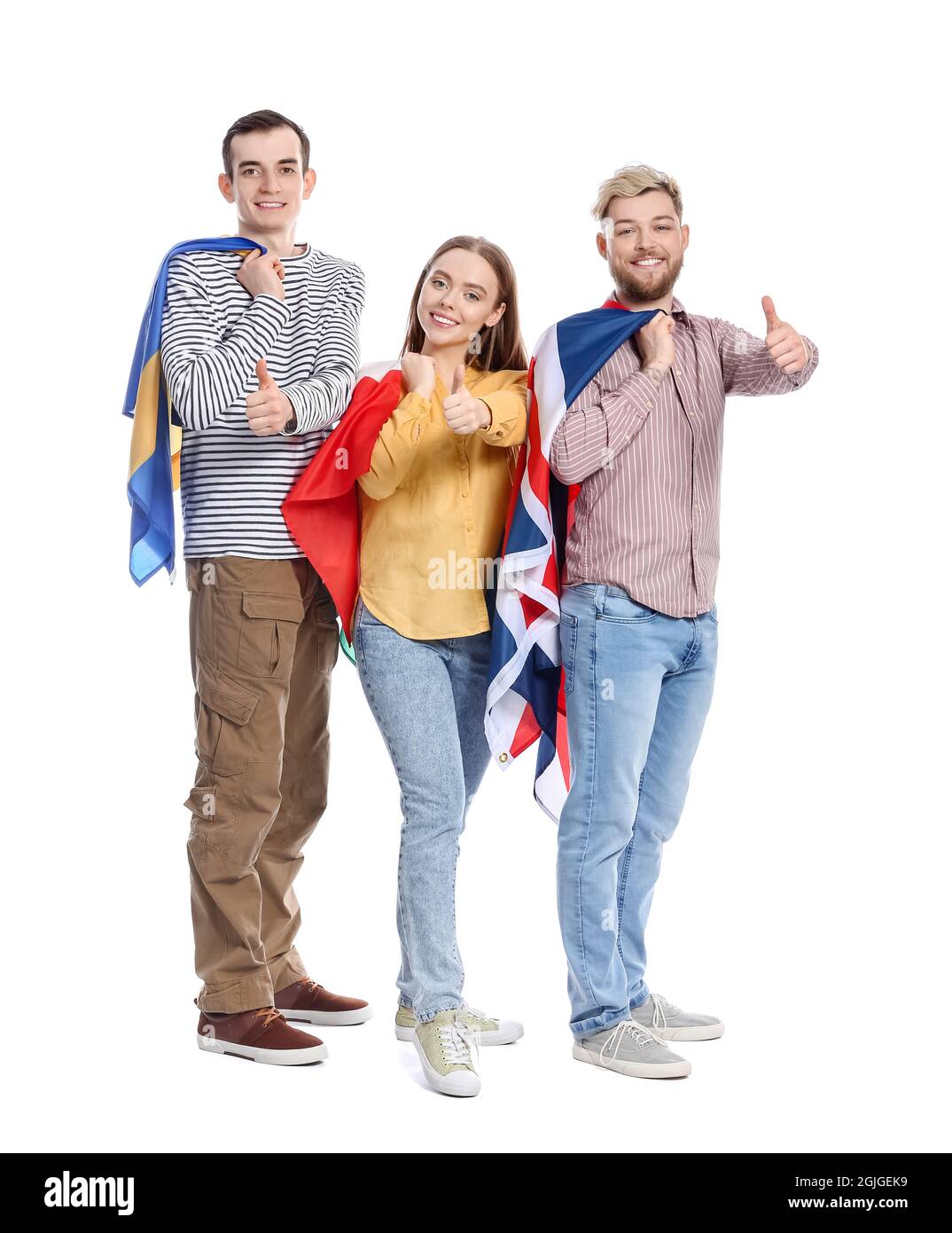 Young people with different flags showing thumb-up on white background ...