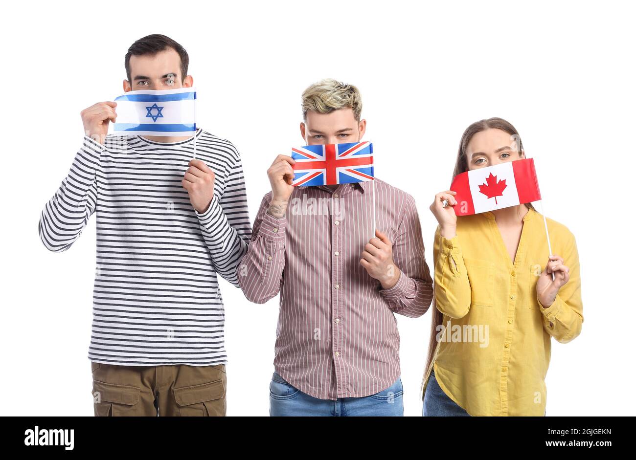 Young people with different flags on white background Stock Photo - Alamy