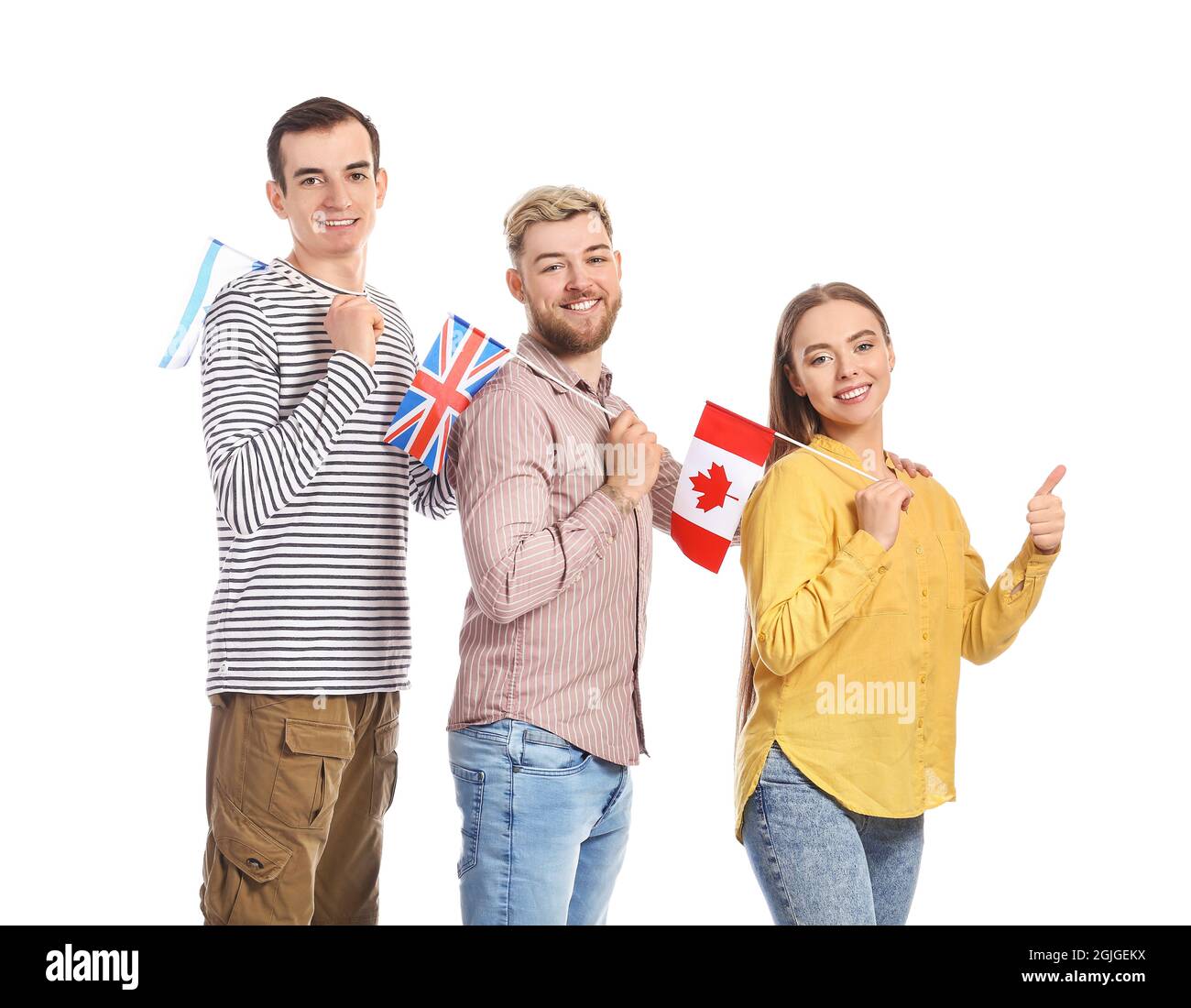 Young people with different flags on white background Stock Photo - Alamy