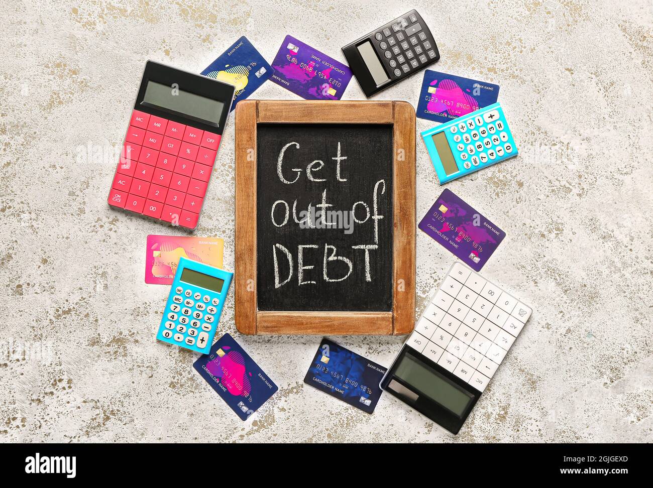 Chalkboard, calculators and credit cards on grunge background Stock ...