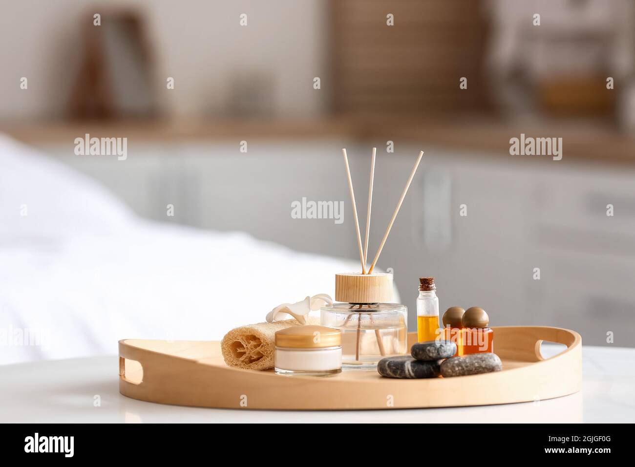 Tray with beautiful spa composition in salon Stock Photo - Alamy