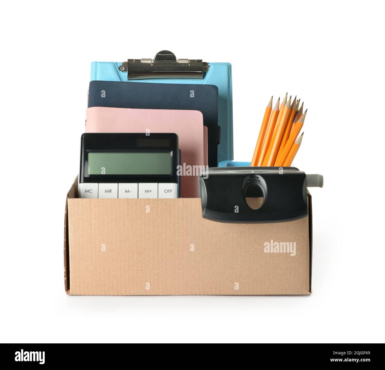 Box with personal stuff on white background. Concept of dismissal Stock ...