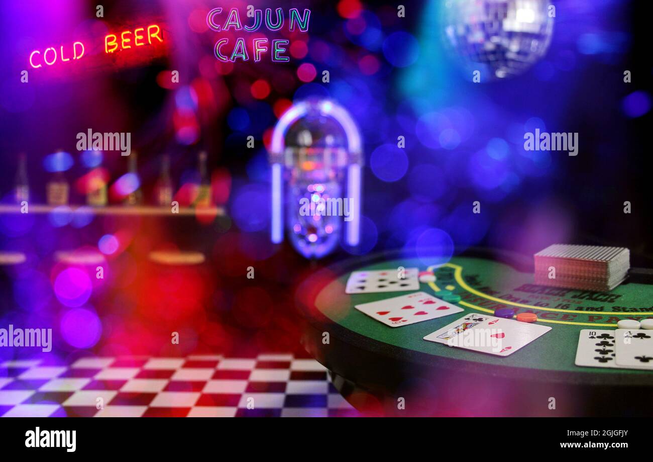 Miniature Poker Table Bar Scene Composite Image With Neon Signs Stock ...
