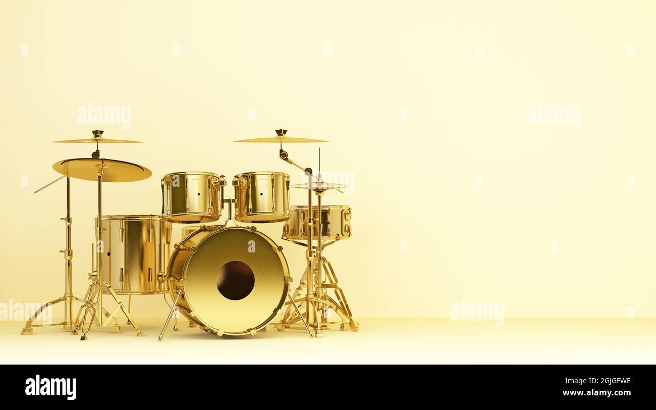 gold drum kit on yellow wall. 3d rendering Stock Photo - Alamy
