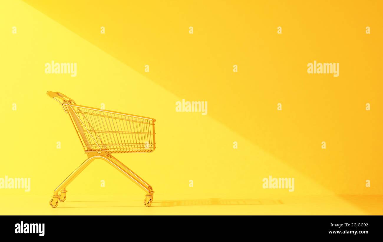 empty supermarket shopping cart with beam of light on yellow background ...