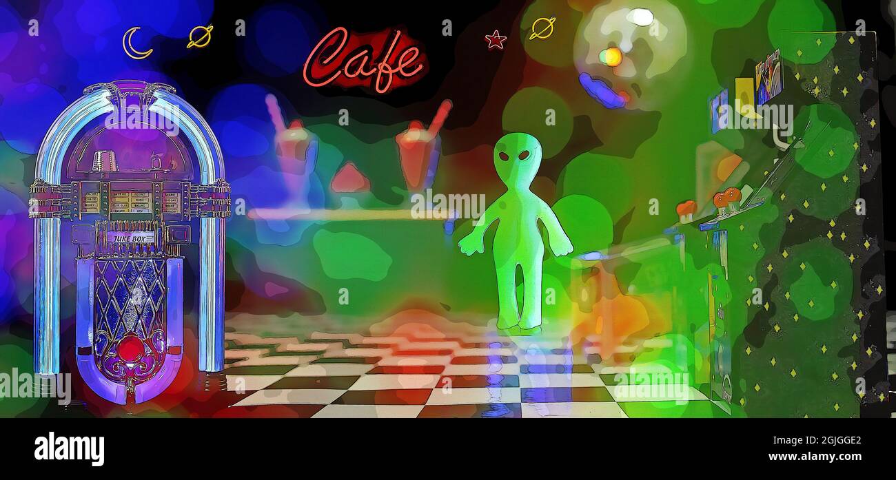 Alien Cafe Comic Book Style Illustration With Bright Colors Stock Photo ...