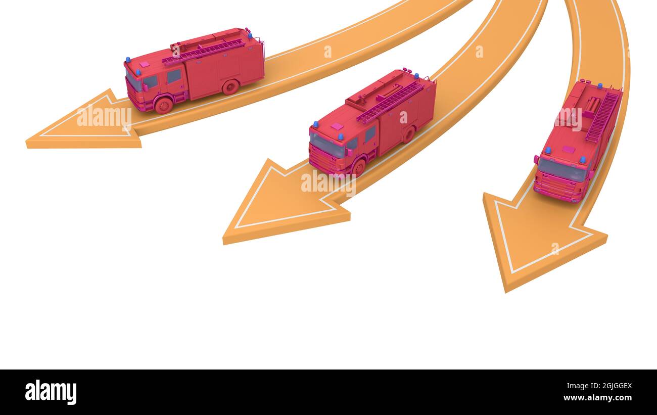 three fire engine go in different arrows isolated on white above view ...