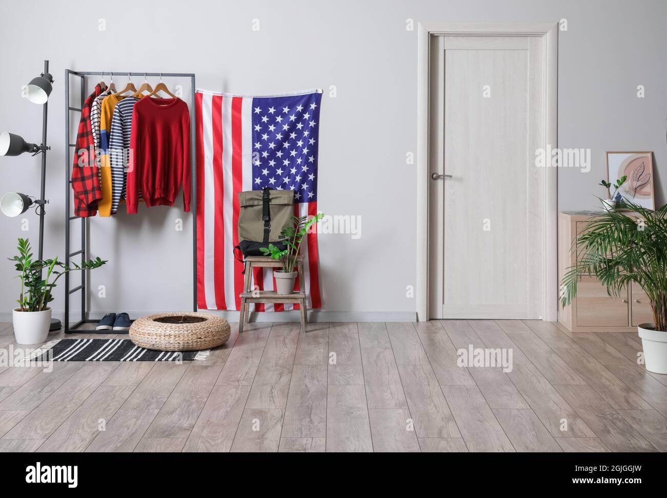 Interior of stylish hallway with USA flag Stock Photo - Alamy