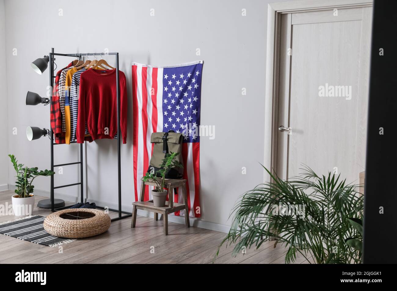Interior of stylish hallway with USA flag Stock Photo - Alamy