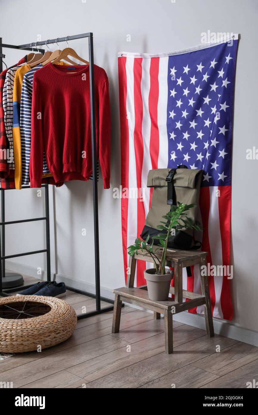 Interior of stylish hallway with USA flag Stock Photo - Alamy