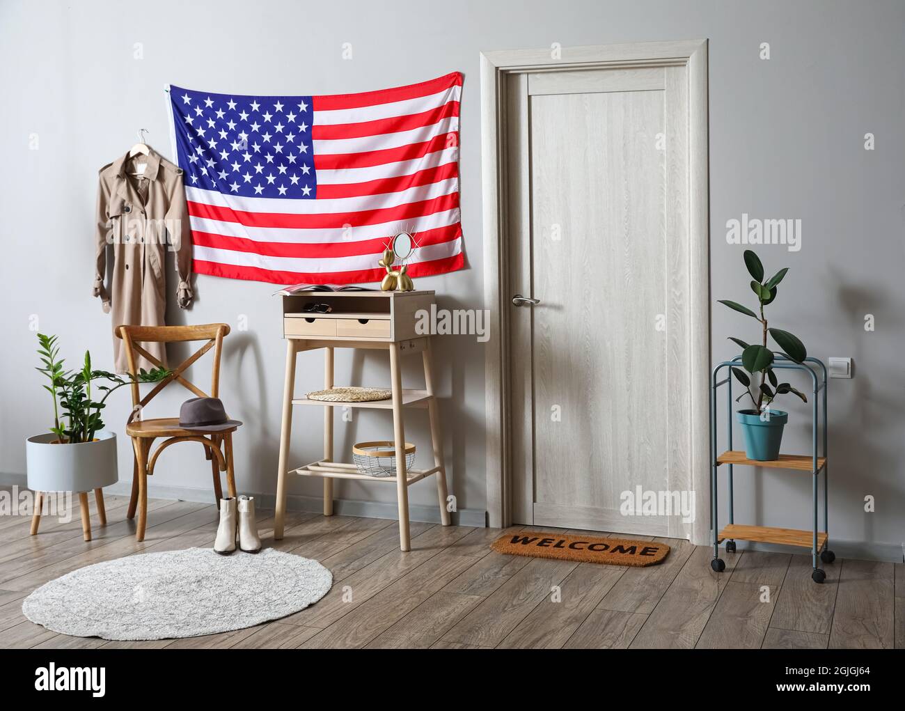 Interior of stylish hallway with USA flag Stock Photo - Alamy