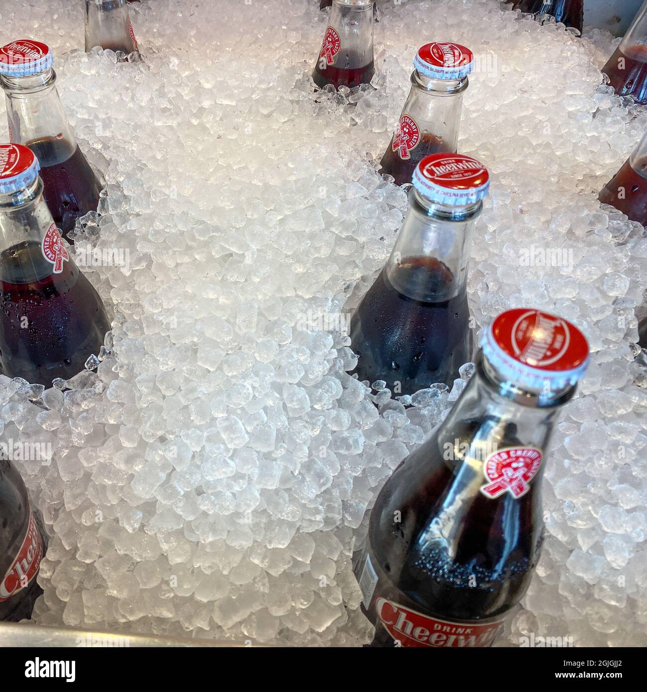 Orlando, FL USA - December 10 2019: A bin of iced down Cheerwine soft ...