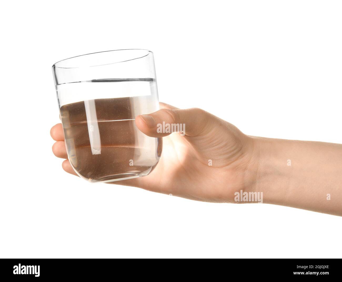 Female hand with glass of water on white background Stock Photo - Alamy