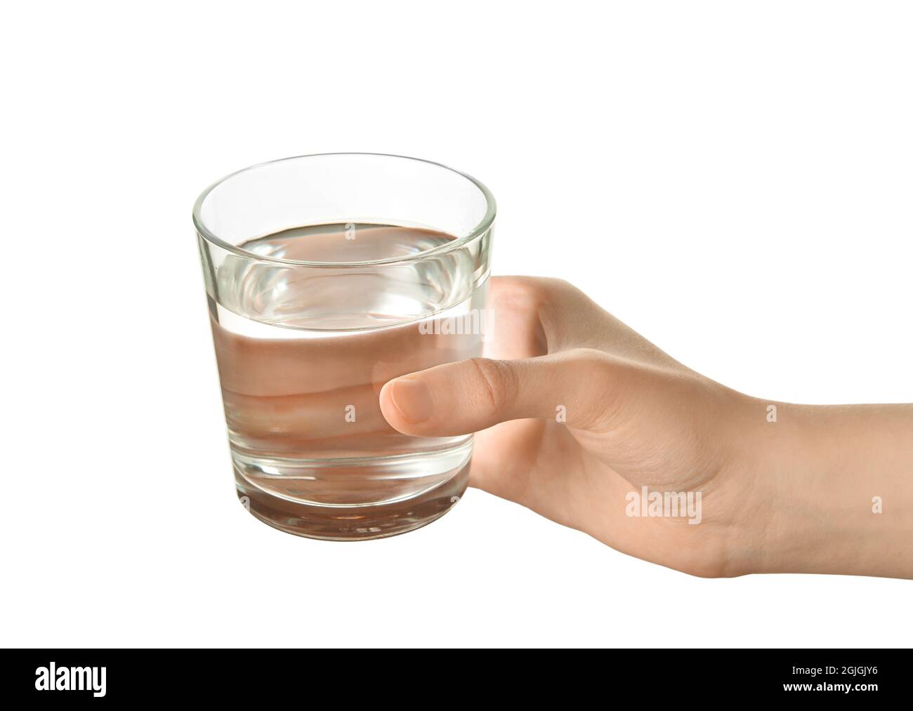 Female hand with glass of water on white background Stock Photo - Alamy