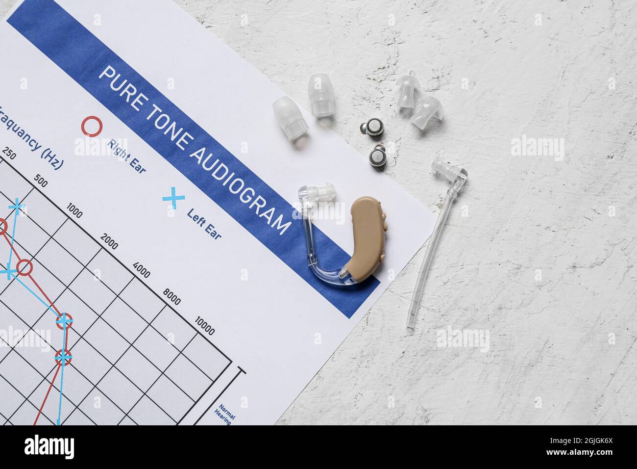 Audiogram with hearing aid and accessories on white background Stock ...