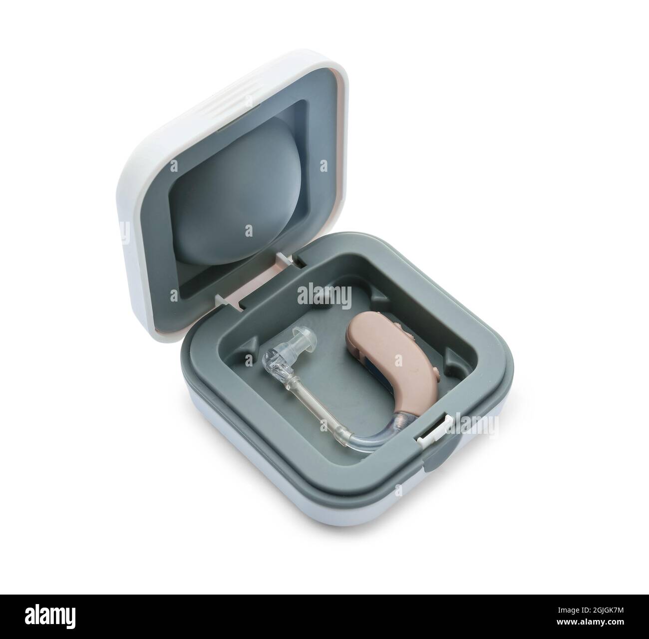 Box with hearing aid on white background Stock Photo - Alamy