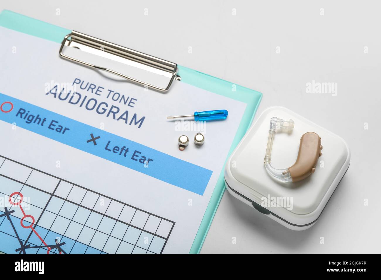 Audiogram with hearing aid and accessories on light background Stock ...