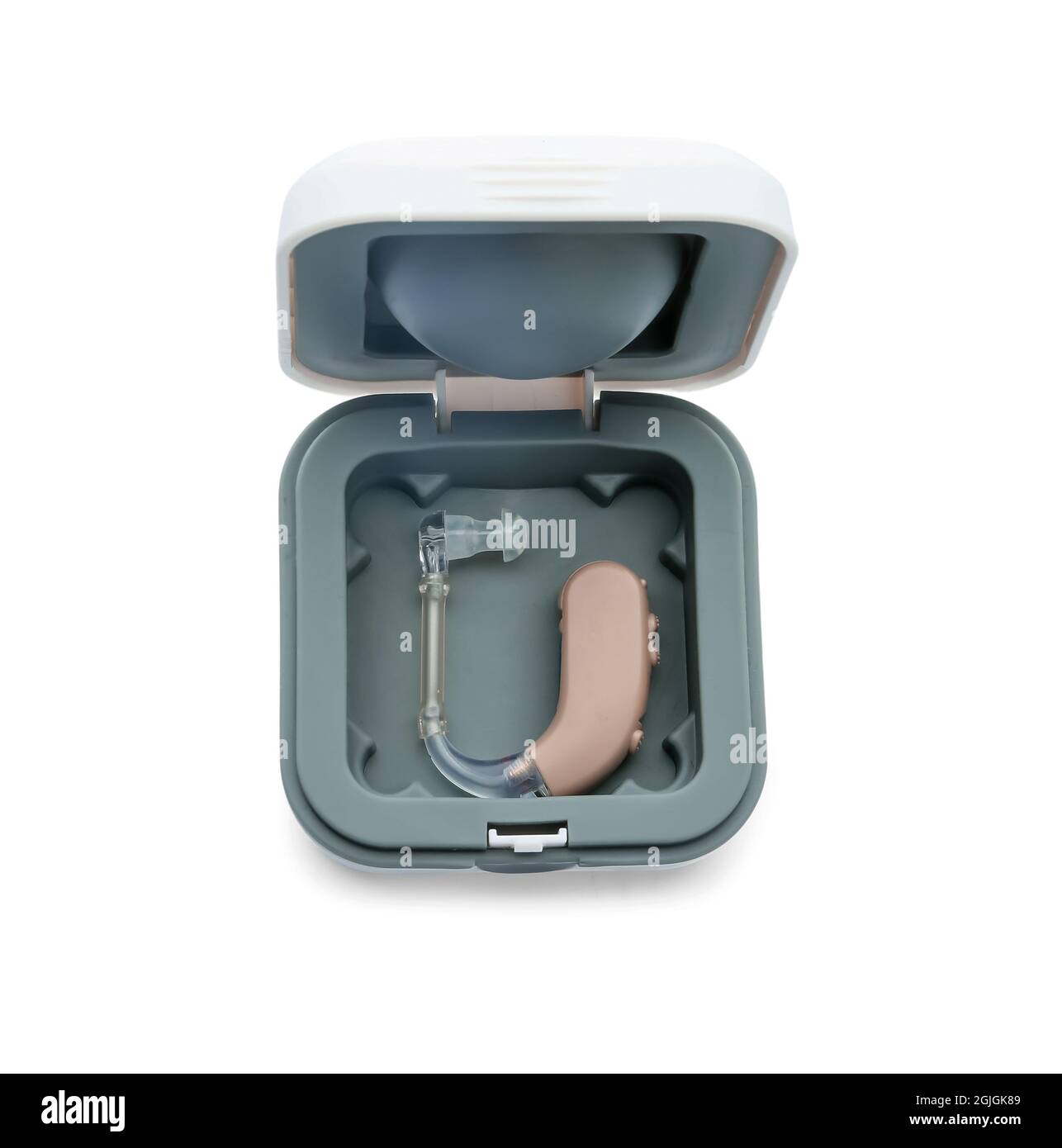 Box with hearing aid on white background Stock Photo - Alamy