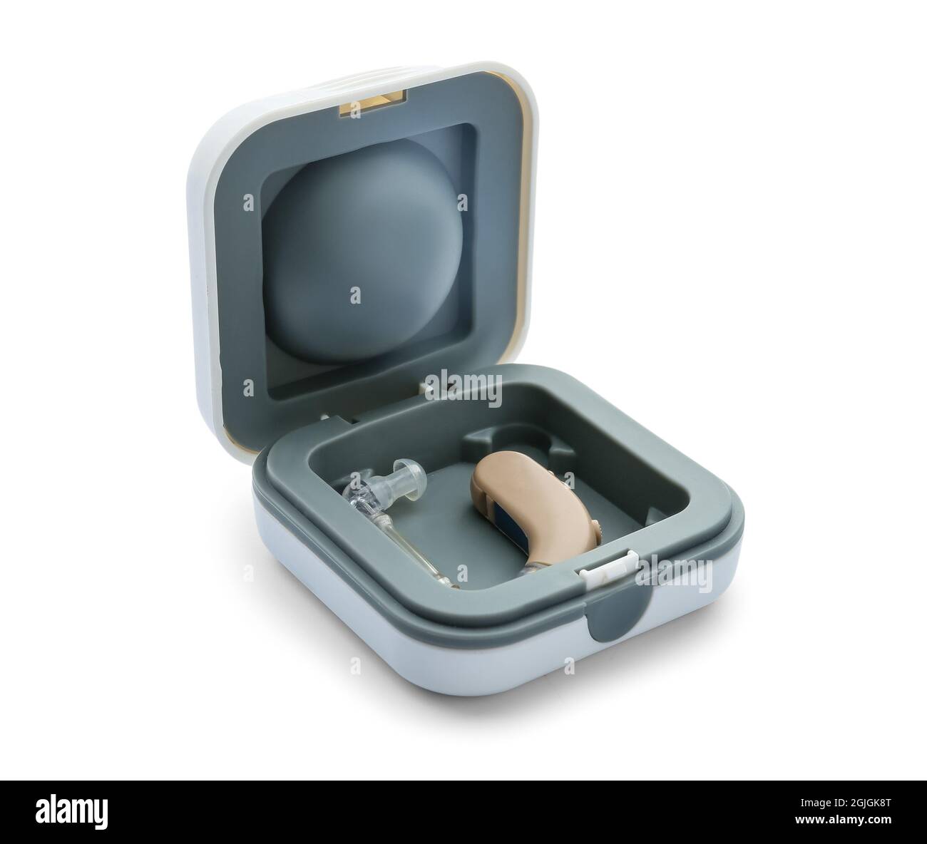 Box with hearing aid on white background Stock Photo - Alamy