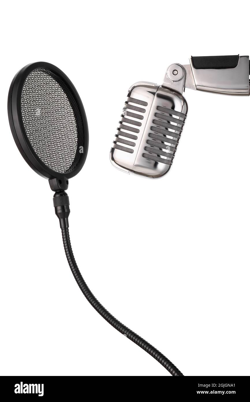 Modern microphone with pop filter on white background Stock Photo - Alamy