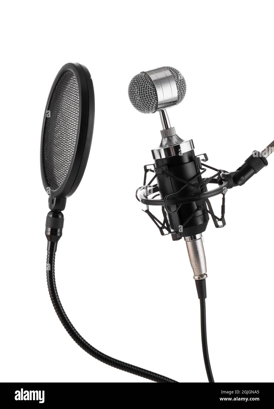 Modern microphone with pop filter on white background Stock Photo - Alamy