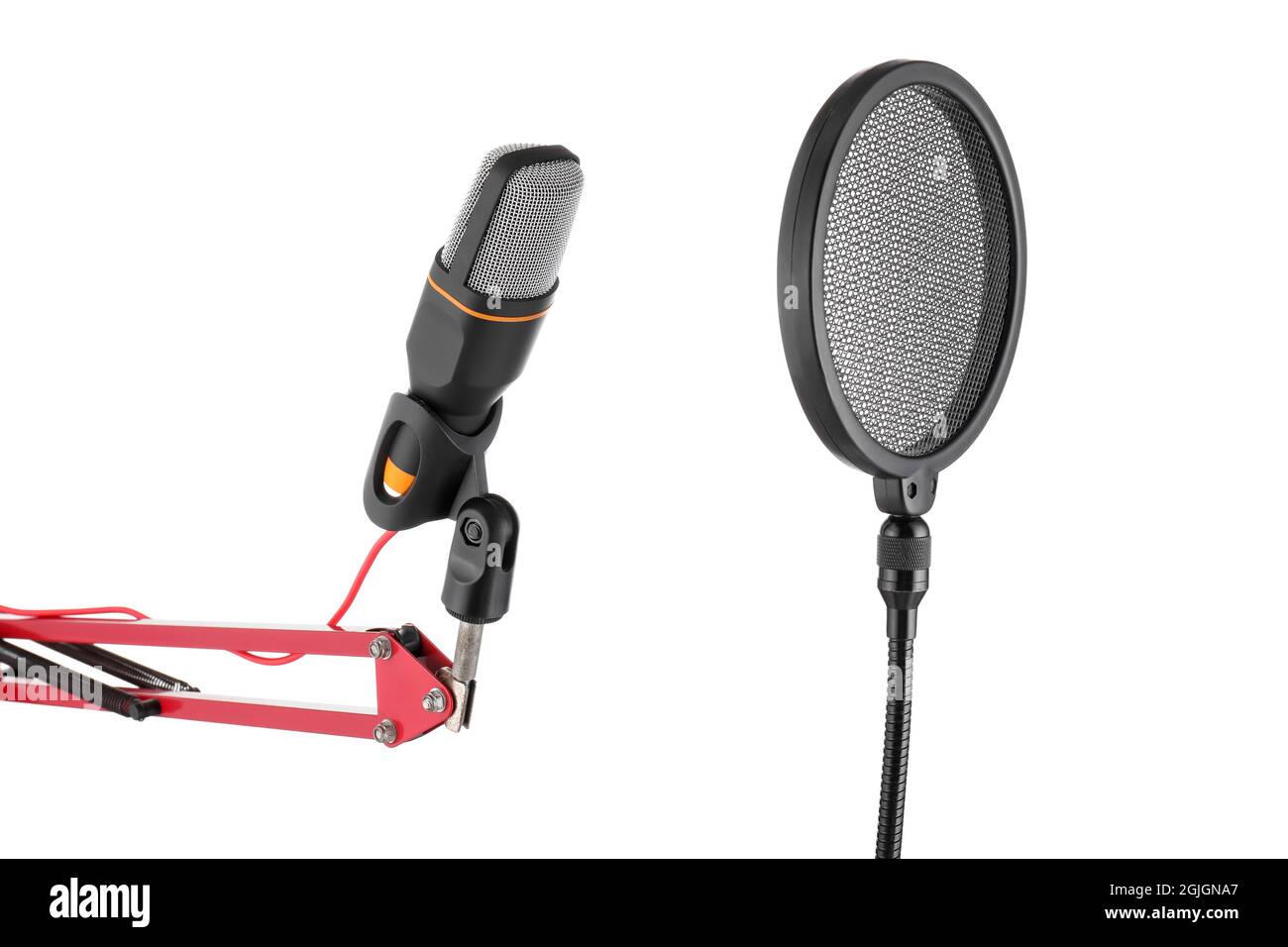 Modern microphone with pop filter on white background Stock Photo - Alamy