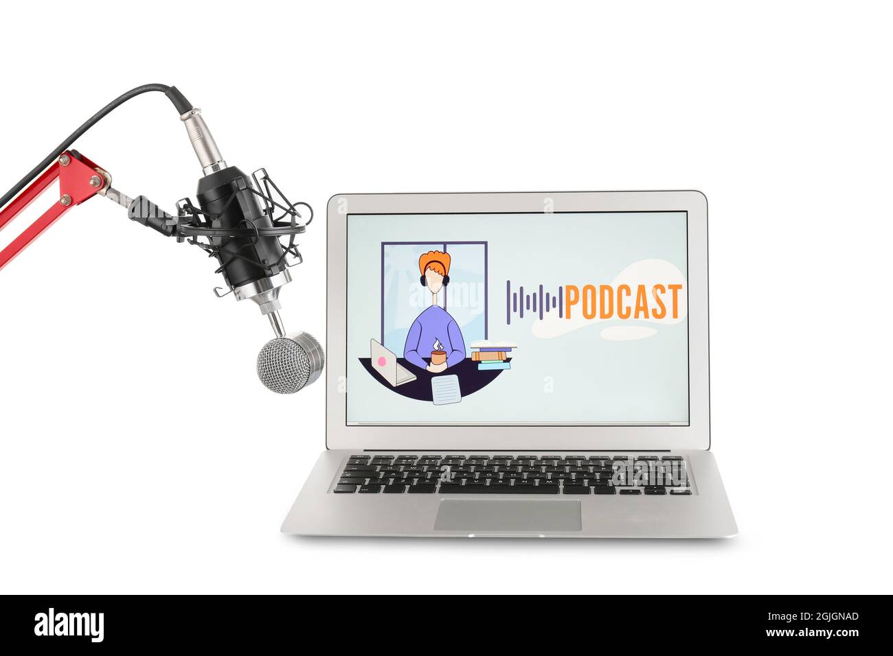 Modern laptop with microphone on white background Stock Photo - Alamy