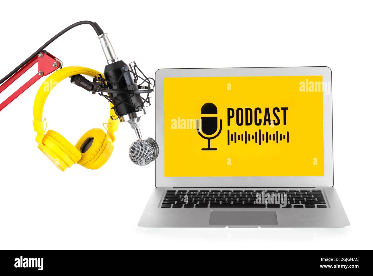 Modern laptop with microphone and headphones on white background Stock ...