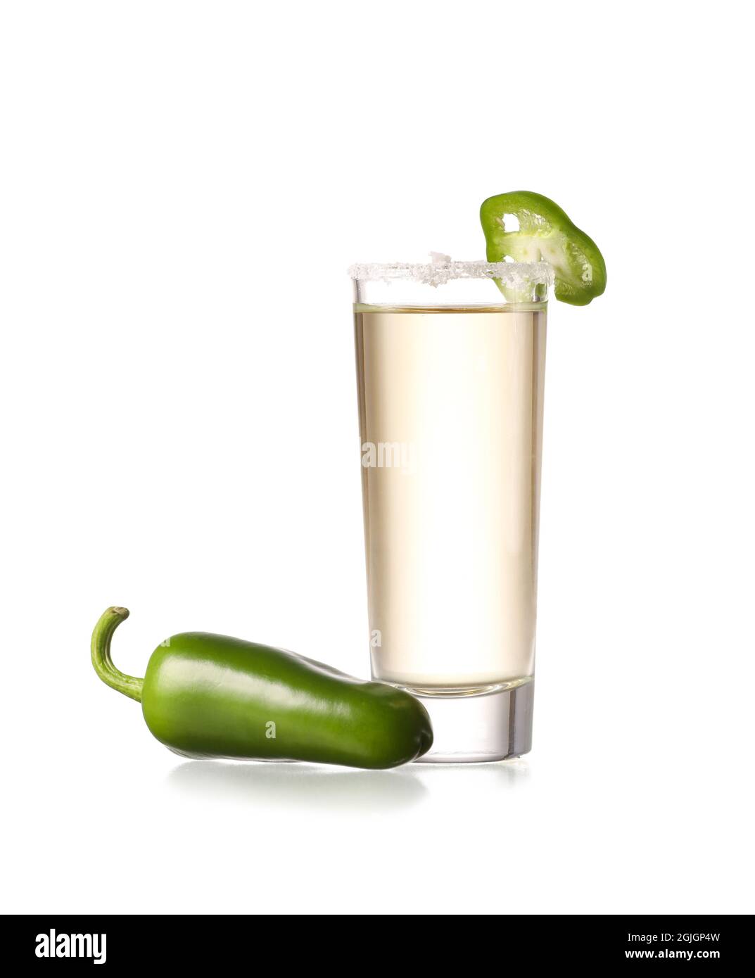 Shot of tasty tequila with jalapeno pepper on white background Stock ...