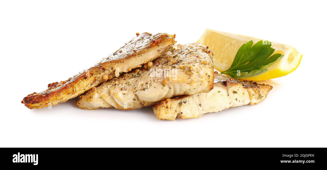 Tasty baked cod fillet on white background Stock Photo - Alamy