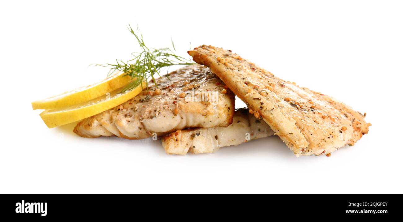 Tasty baked cod fillet on white background Stock Photo - Alamy