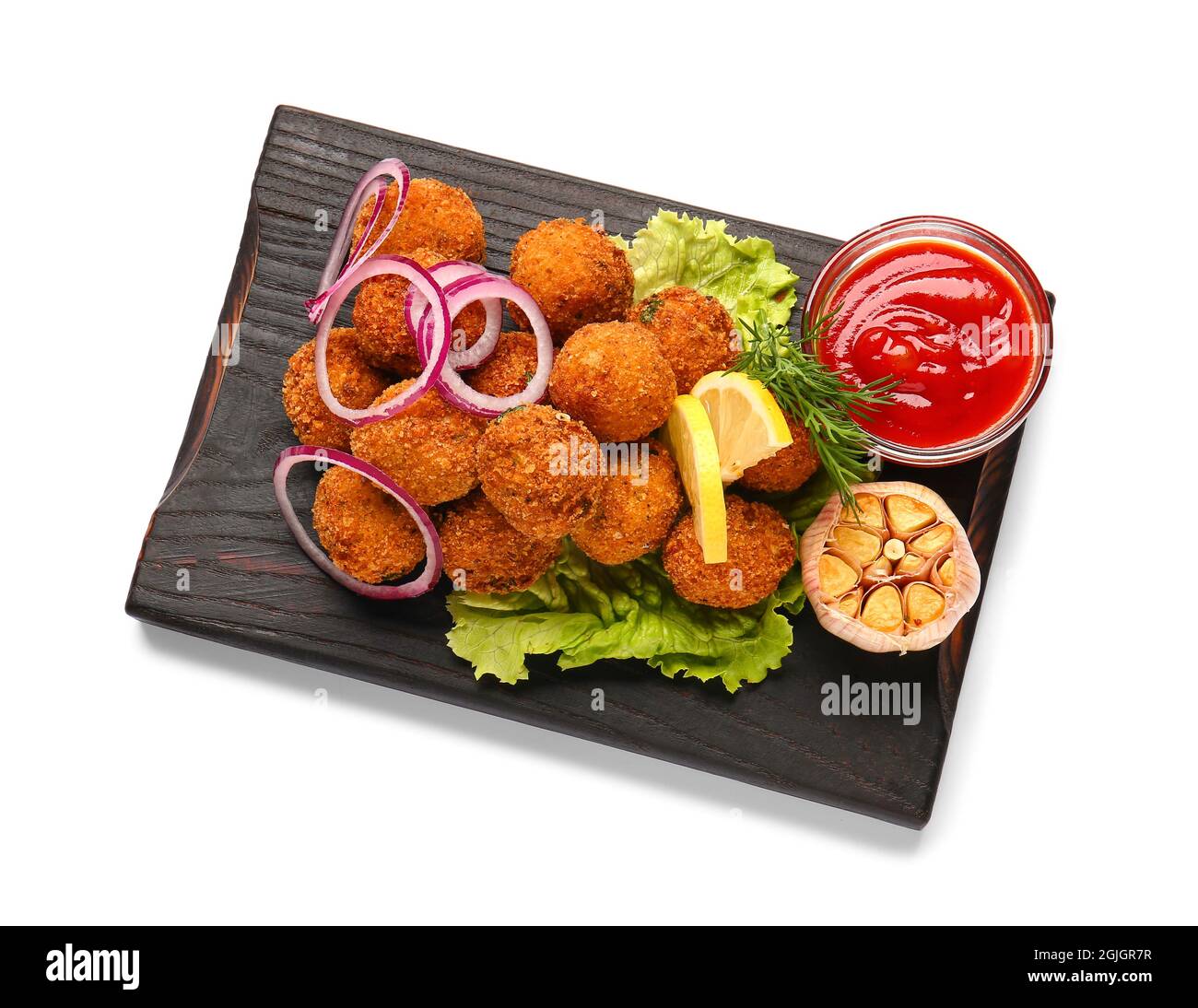 Board with tasty cod cutlets and sauce on white background Stock Photo ...