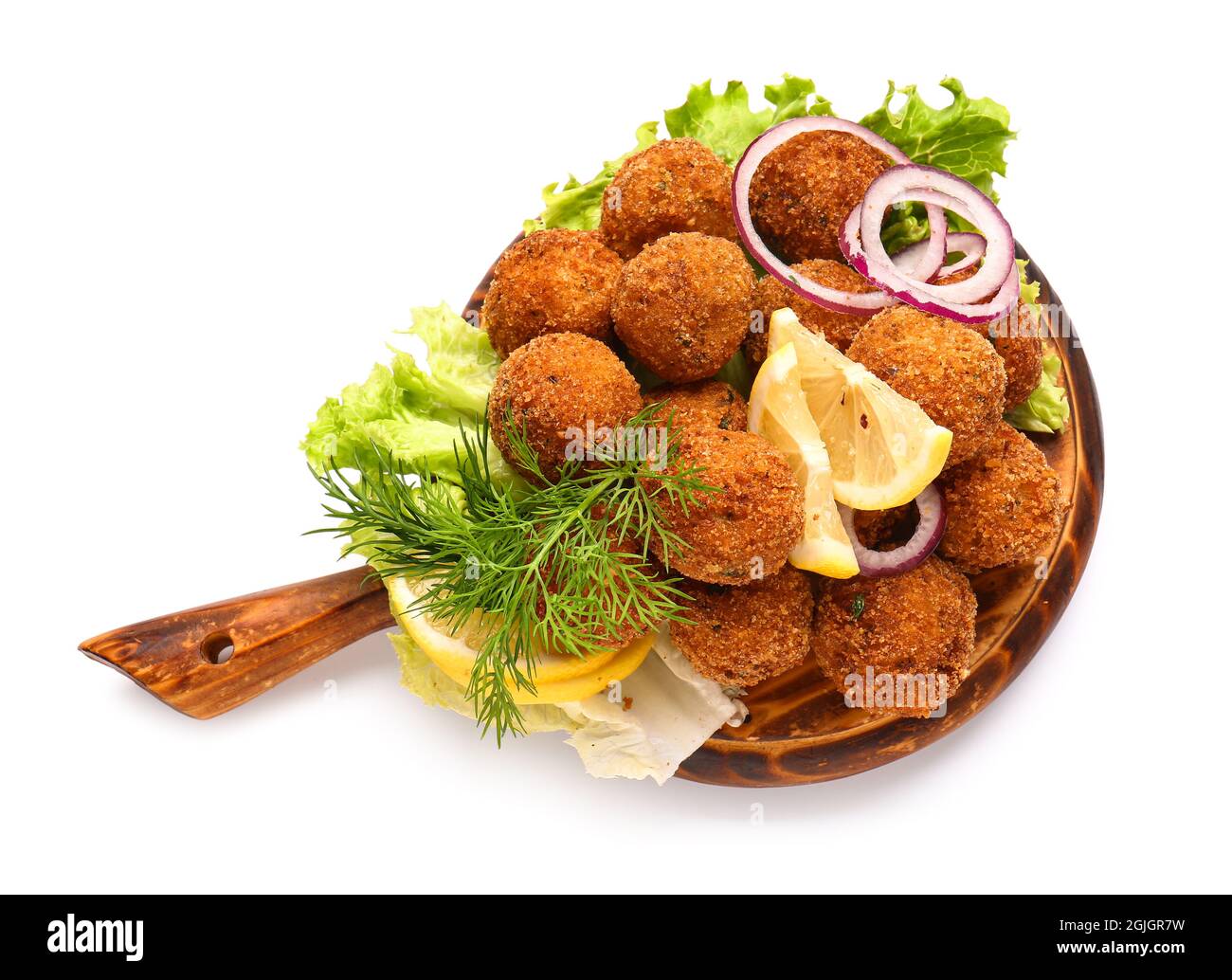 Board with tasty cod cutlets on white background Stock Photo - Alamy