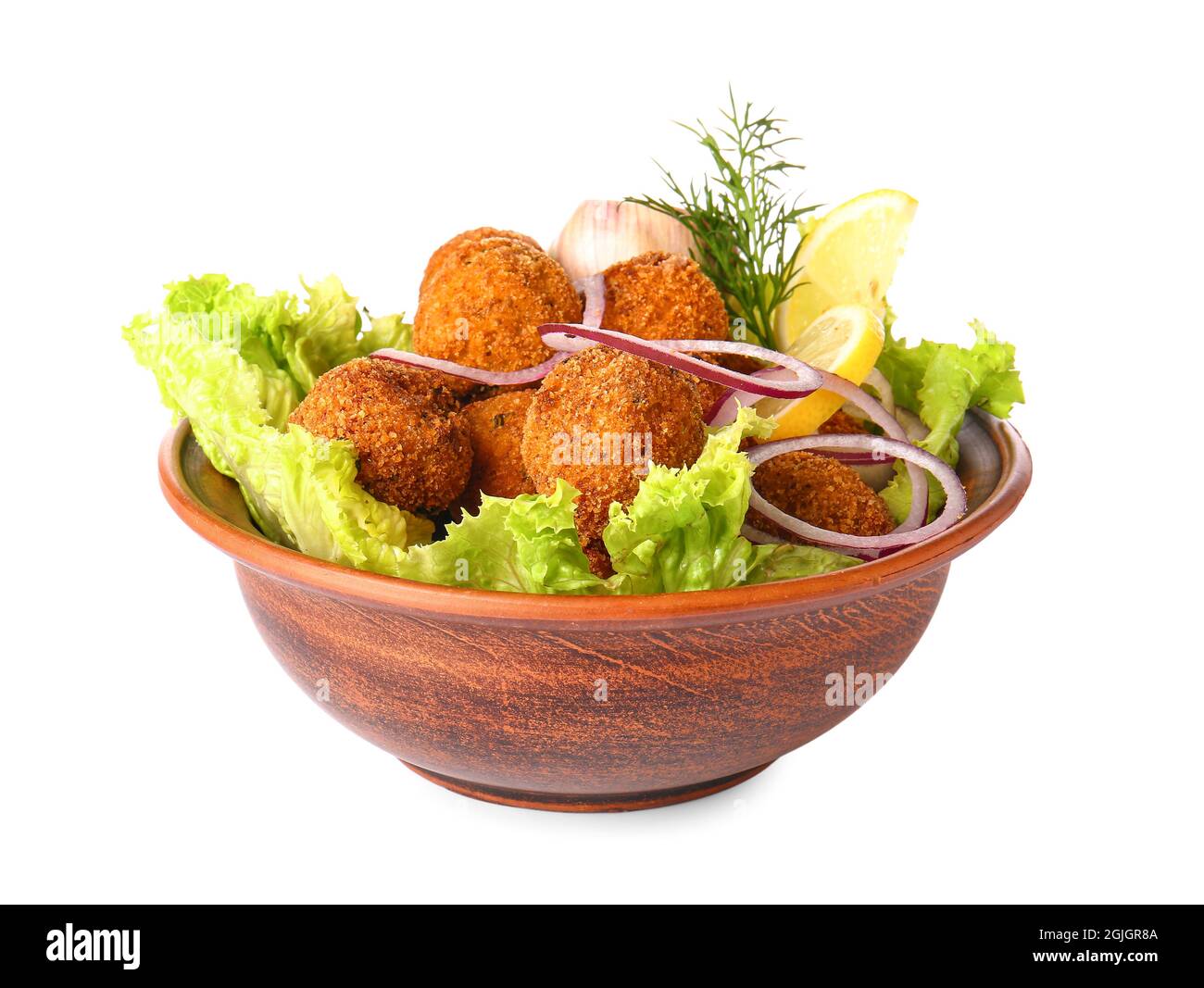 Bowl with tasty cod cutlets on white background Stock Photo - Alamy