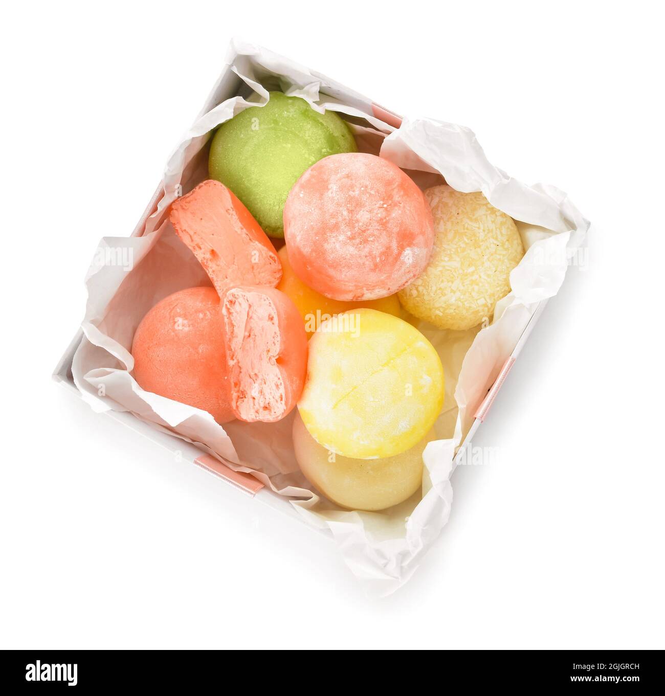 Box with tasty Japanese mochi on white background Stock Photo - Alamy