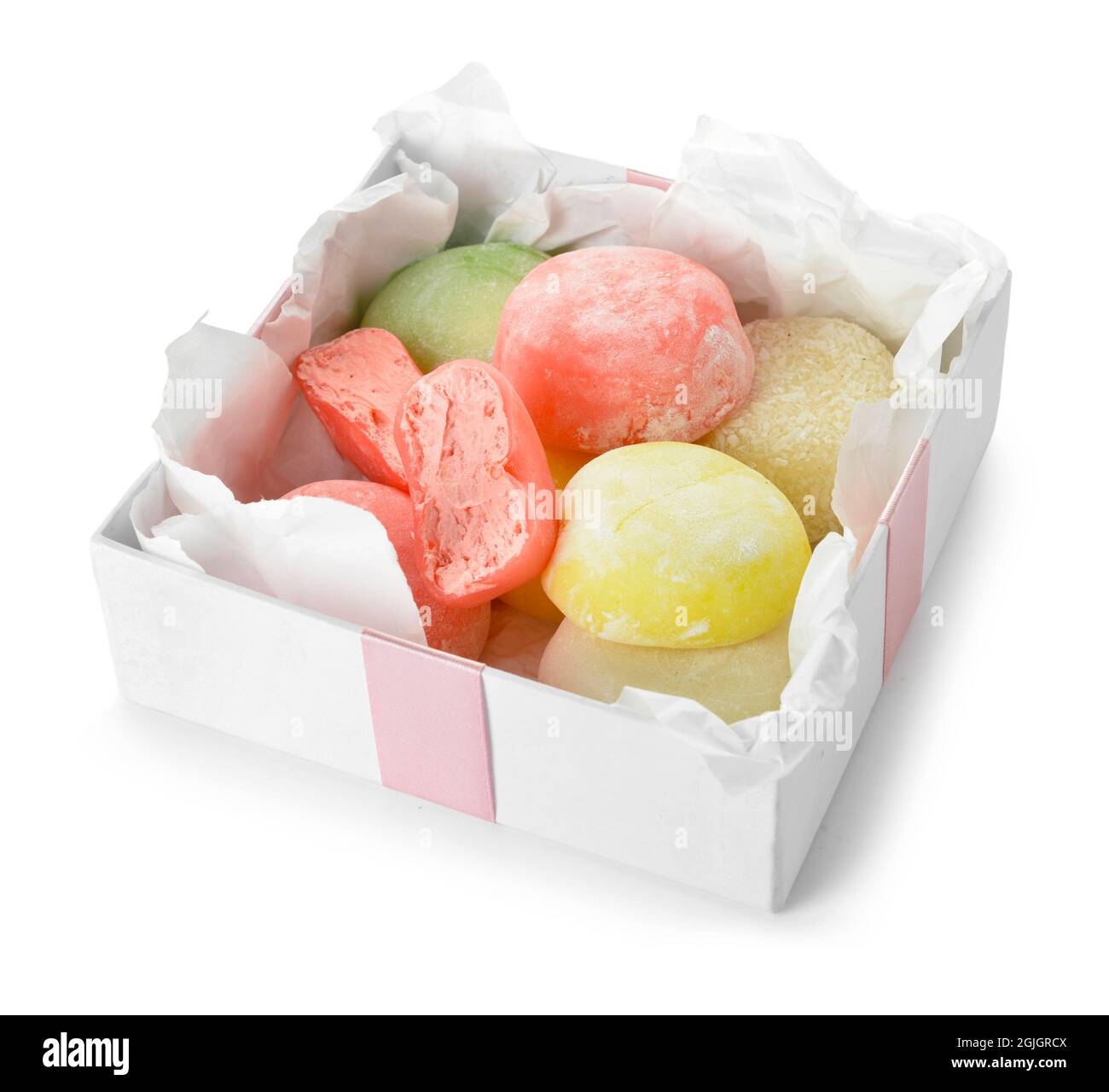 Box with tasty Japanese mochi on white background Stock Photo - Alamy