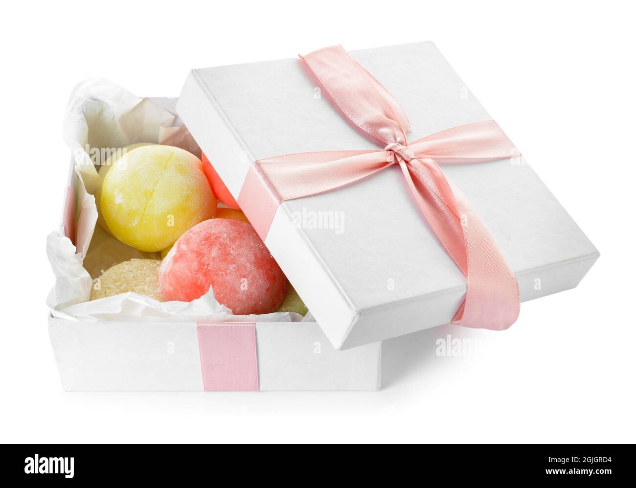 Box with tasty Japanese mochi on white background Stock Photo - Alamy